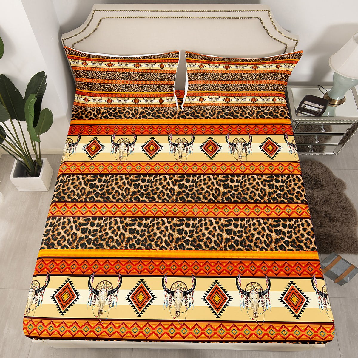 Western Bed Sheets Twin,Gothic Bull Skull Fitted Sheet Brown Leopard ...