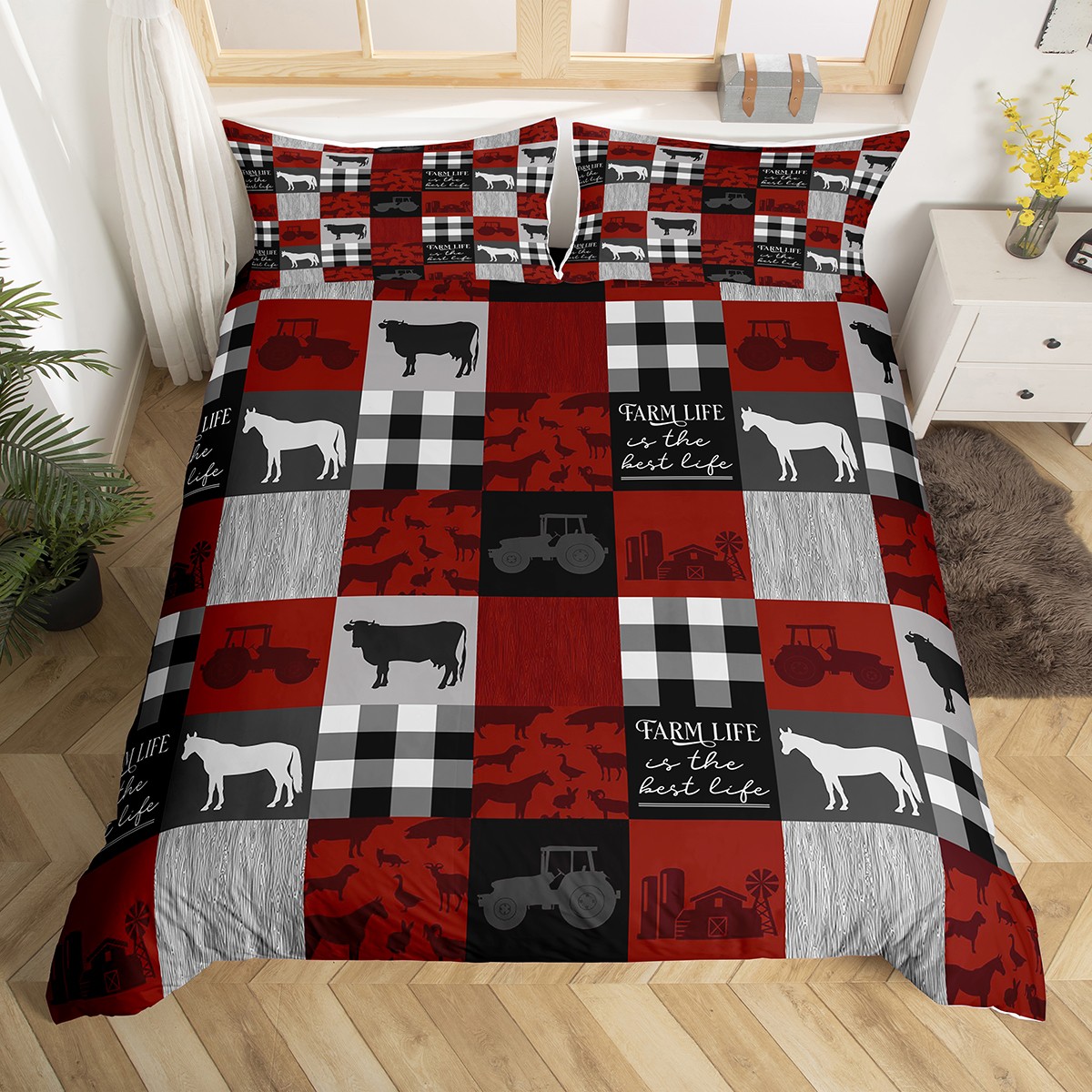 Western Bedding Set Buffalo Plaid Farm Truck Duvet Cover for Boys Girls ...