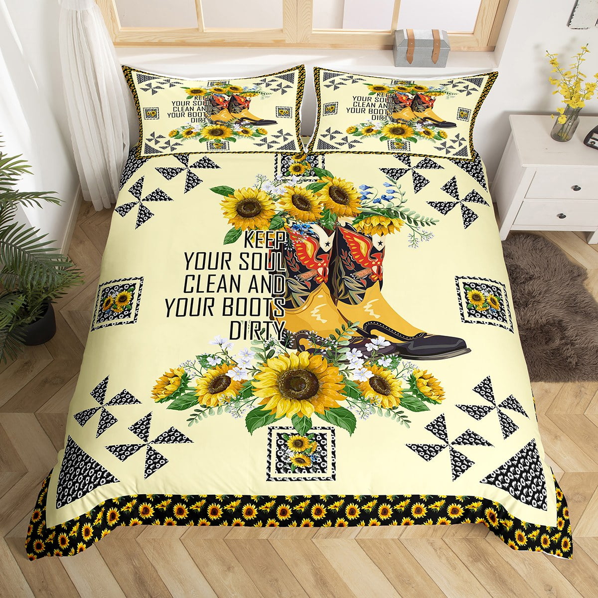 Western Bedding Sets Queen Sunflower Duvet Cover Cowboy Boots for Women ...