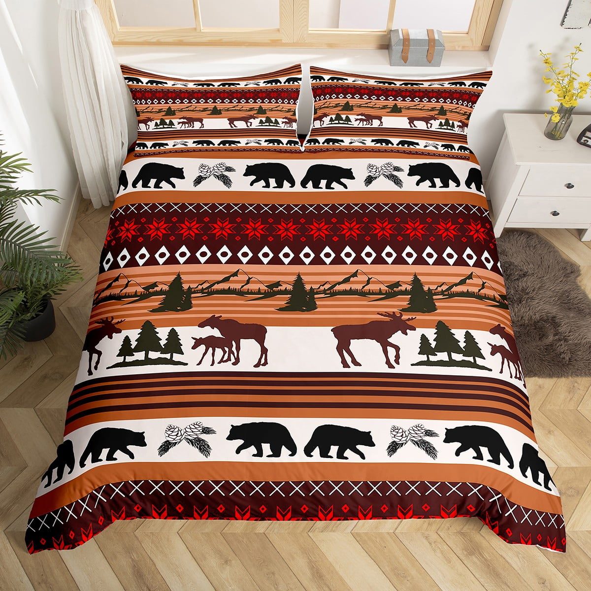Western Bedding Sets Queen,Tribal Rustic Cabin Comforter Cover for Boys Teens,Abstract Bear Elk ...