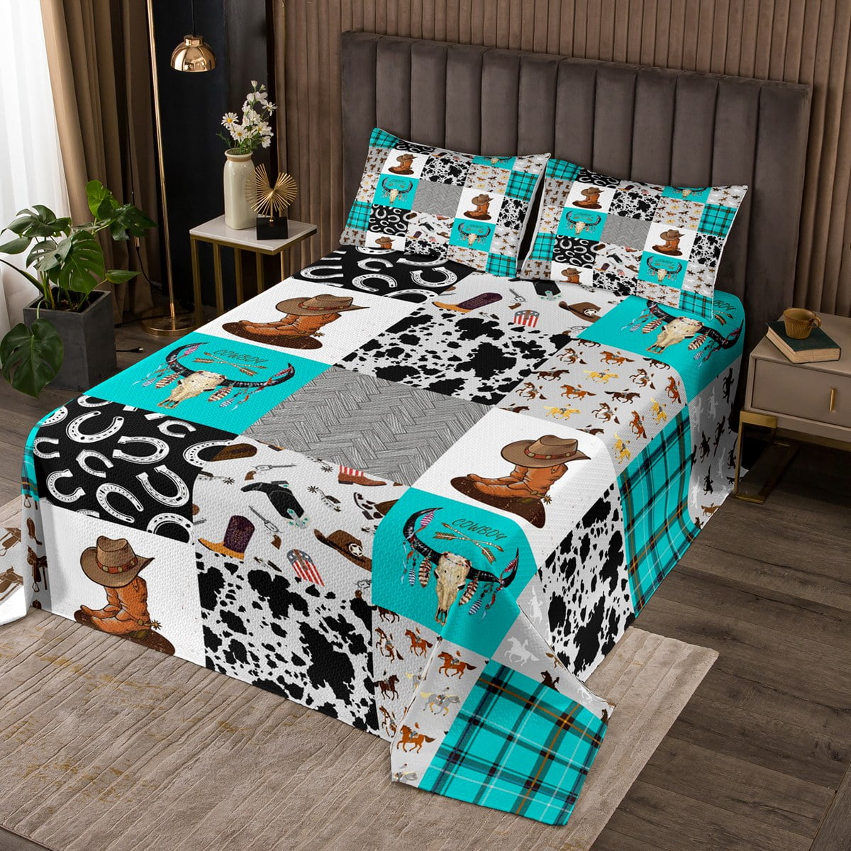 Western Bedspread Set Twin,Southwestern Cowhide Quilt Set for Women ...