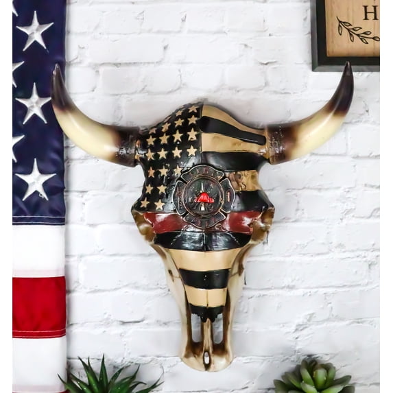 Western Bison Bull Cow Skull With USA Flag Maltese Fire Fighter Cross ...
