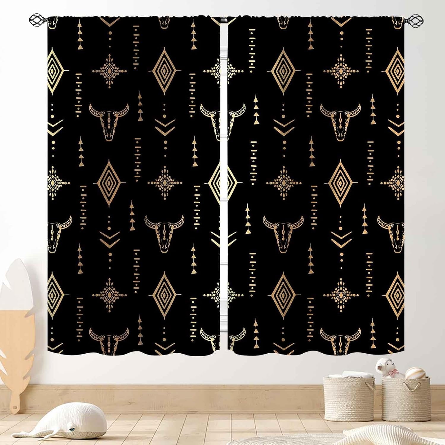 Western Blackout Curtains, Southwest Tribal Aztec Bull Skull Cowboy ...