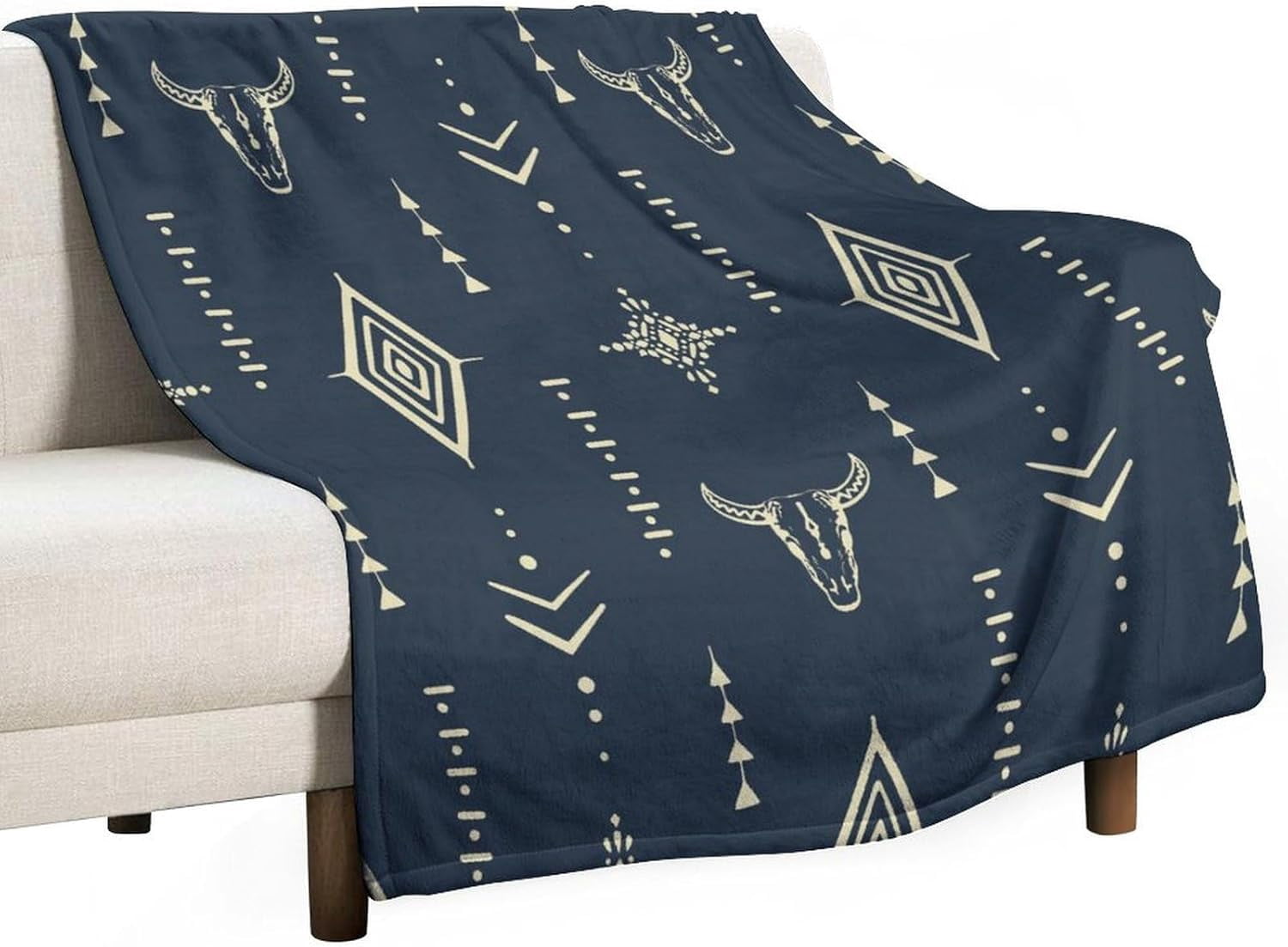 Western Blanket Bull Skull Boho Aesthetic Aztec Navy Blue Abstract Art ...