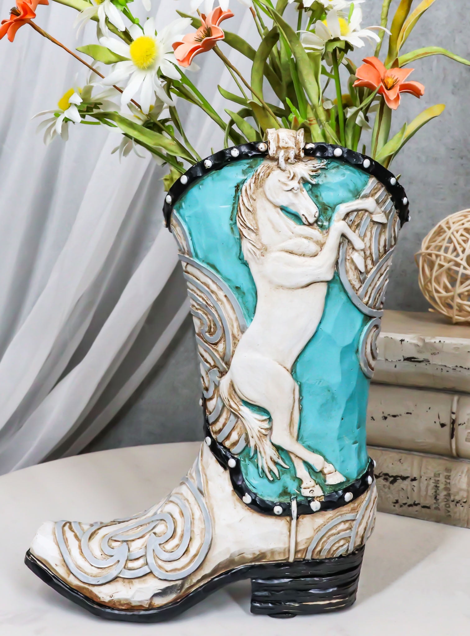 Western Blue and White Prancing Horse Cowboy Cowgirl Boot Vase Planter ...