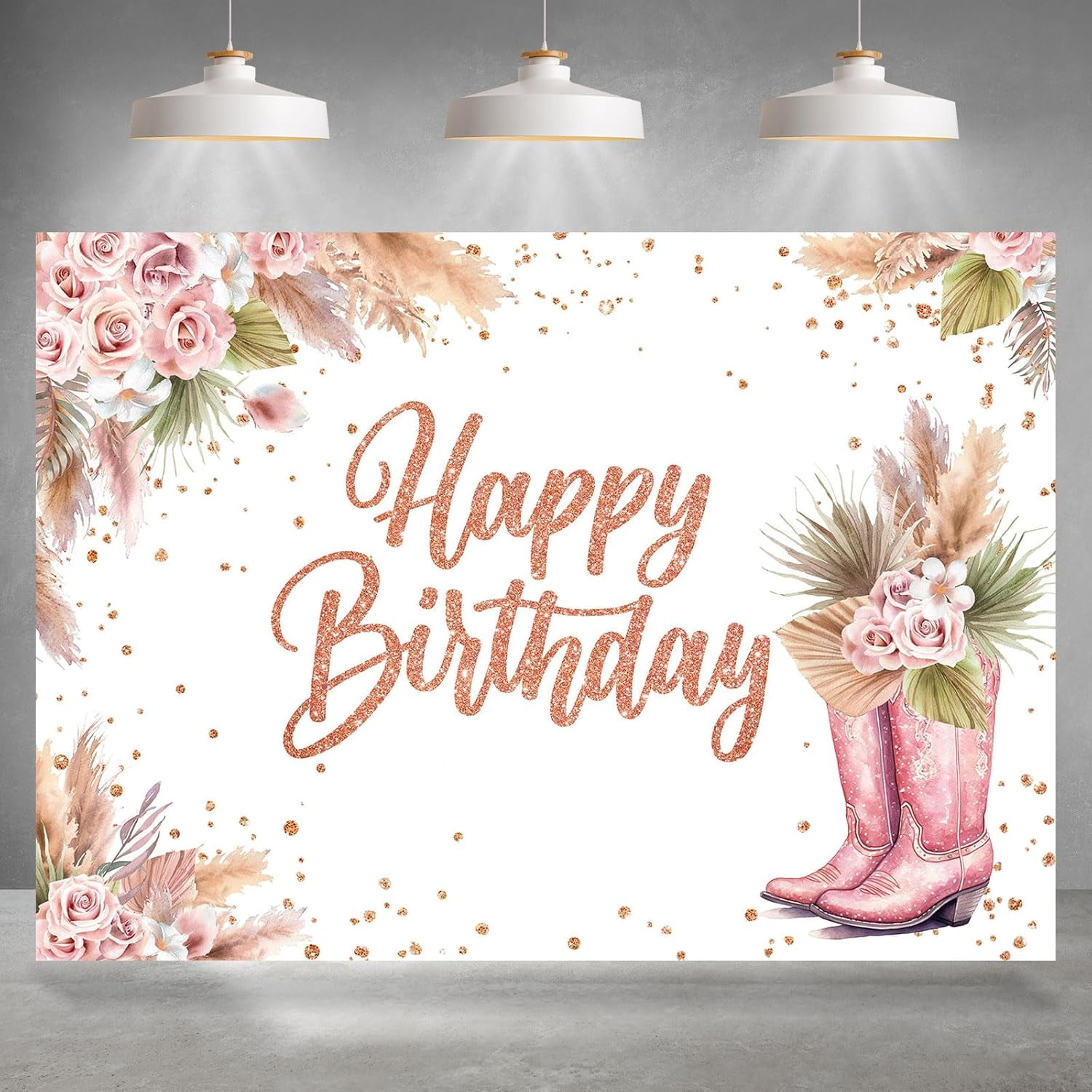 Western Boho Backdrop Happy Birthday Cowgirl Pink Blush Floral Boots ...
