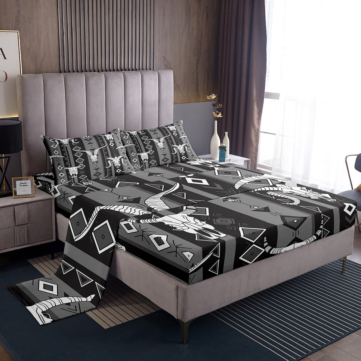 Western Boho Bed Sheets King Bull Skull Cowboy Fitted Sheet Black White ...