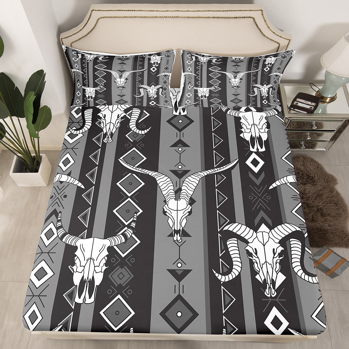 Western Boho Bed Sheets Queen Bull Skull Cowboy Fitted Sheet Black ...
