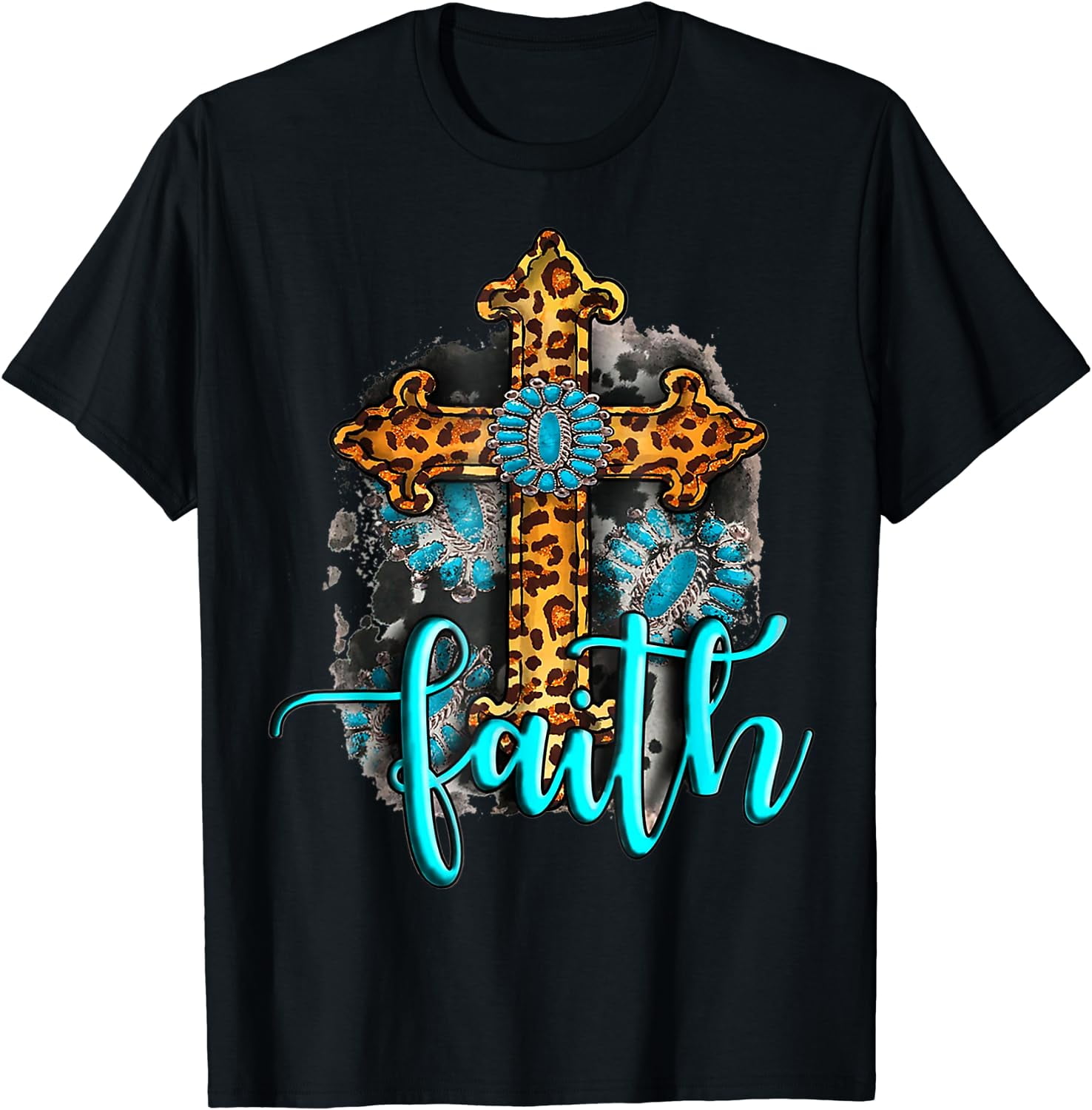 Western Boho Christian Turquoise Leopard Faith Cross Jesus Cotton T ...