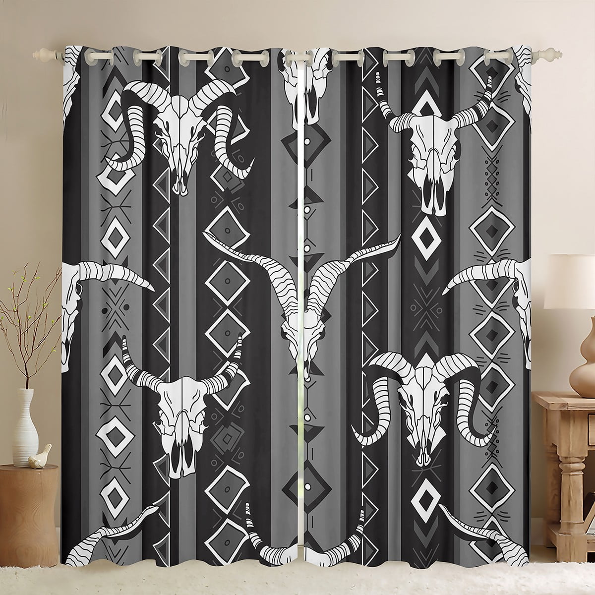 Western Boho Curtains 38"Wx54"L Bull Skull Cowboy Curtains & Drapes ...