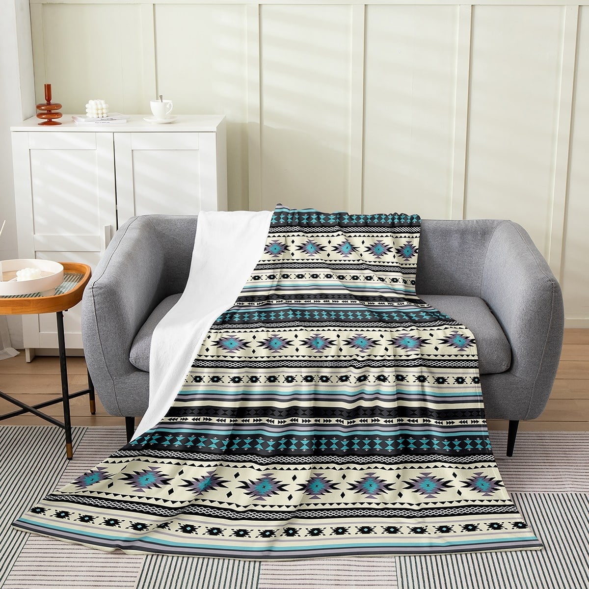 Western Boho Flannel Fleece Blanket, Aztec Sherpa Blanket Queen Size ...