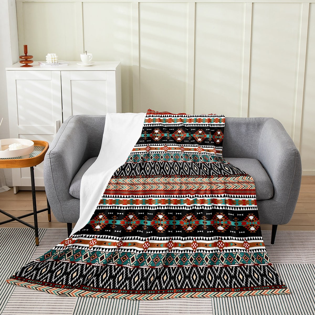 Western Boho Flannel Fleece Blanket Queen Size, Aztec Bed Blanket for ...
