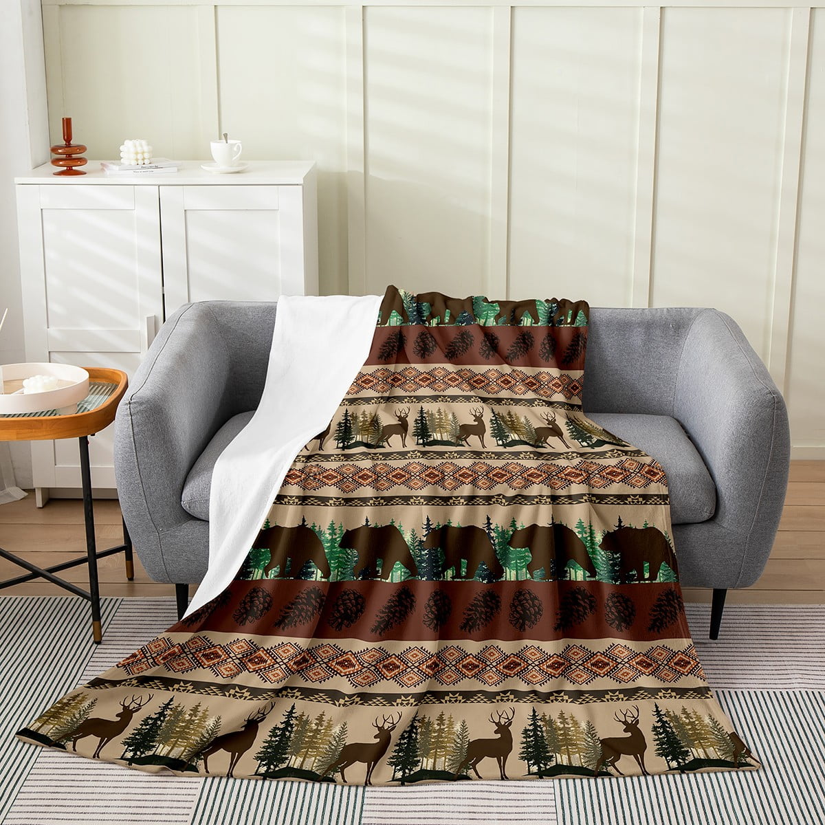 Western Boho Flannel Fleece Blanket Throw Size, Hunting Bear Moose ...