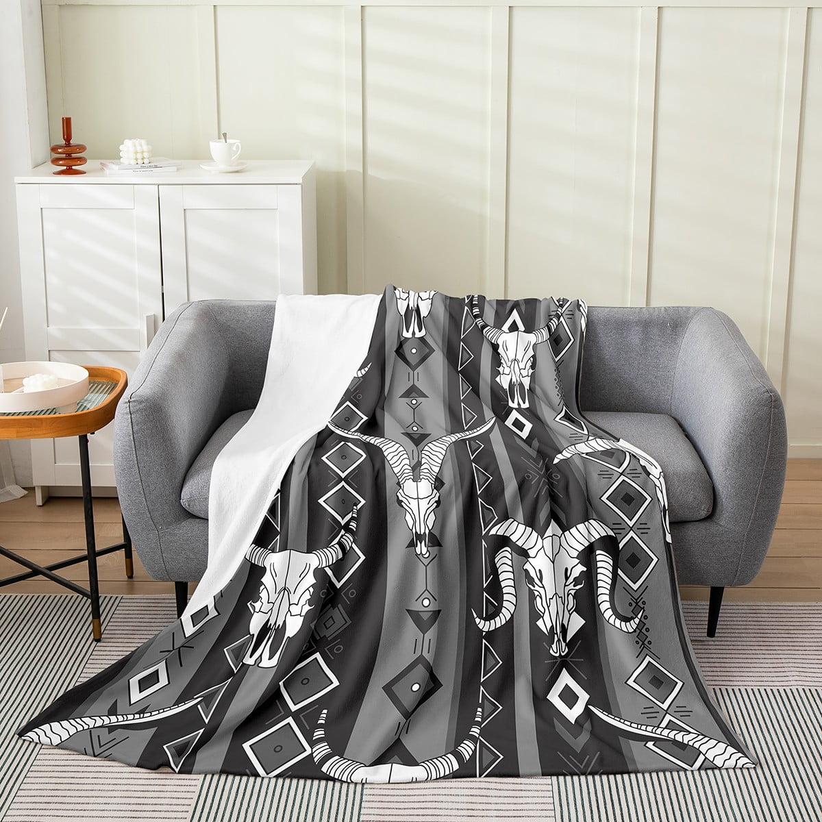 Western Boho Fuzzy Blanket Baby Size Bull Skull Cowboy Flannel Fleece ...