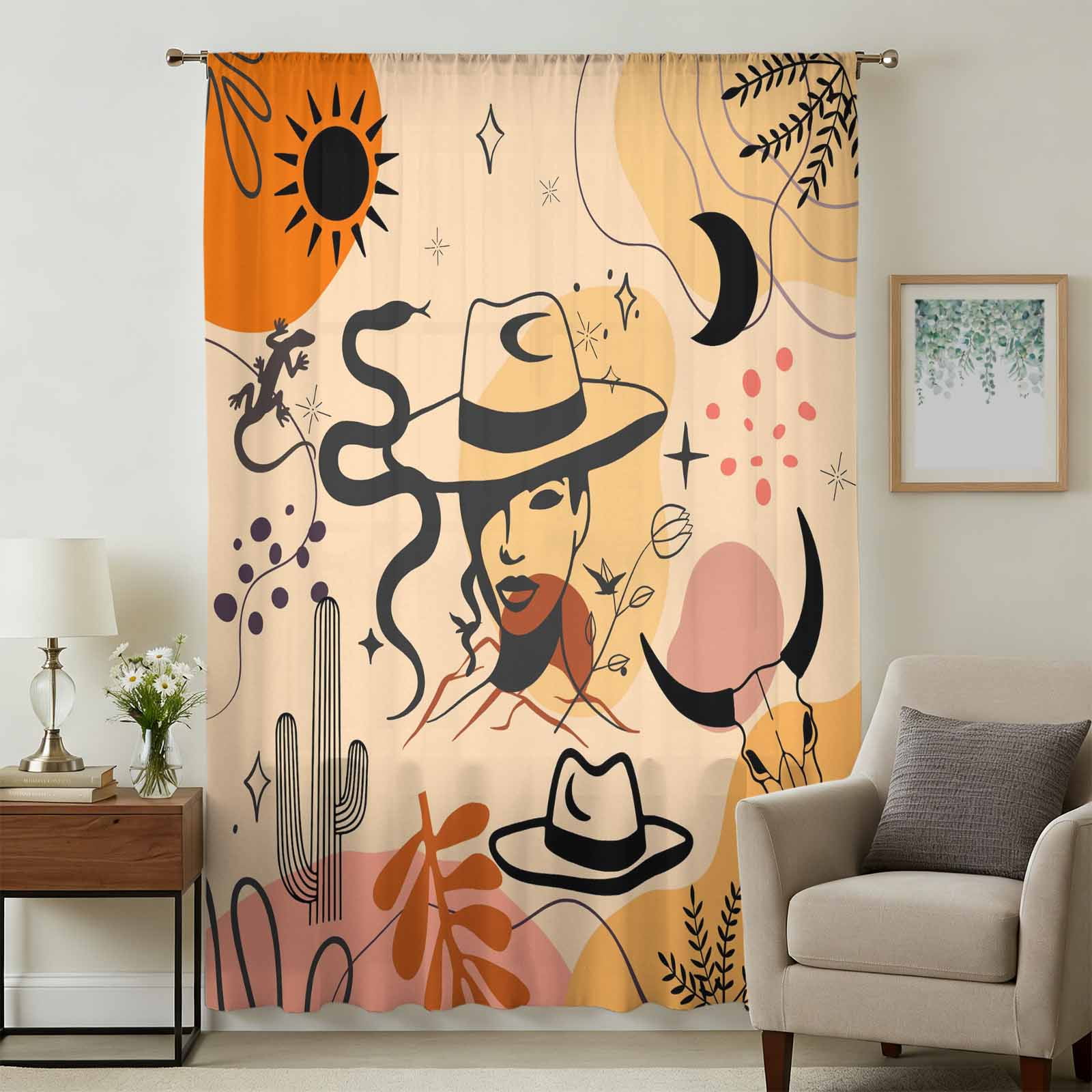 Western Boho Sheer Curtains 63 Inches Long, Vintage Cowboys Abstract ...