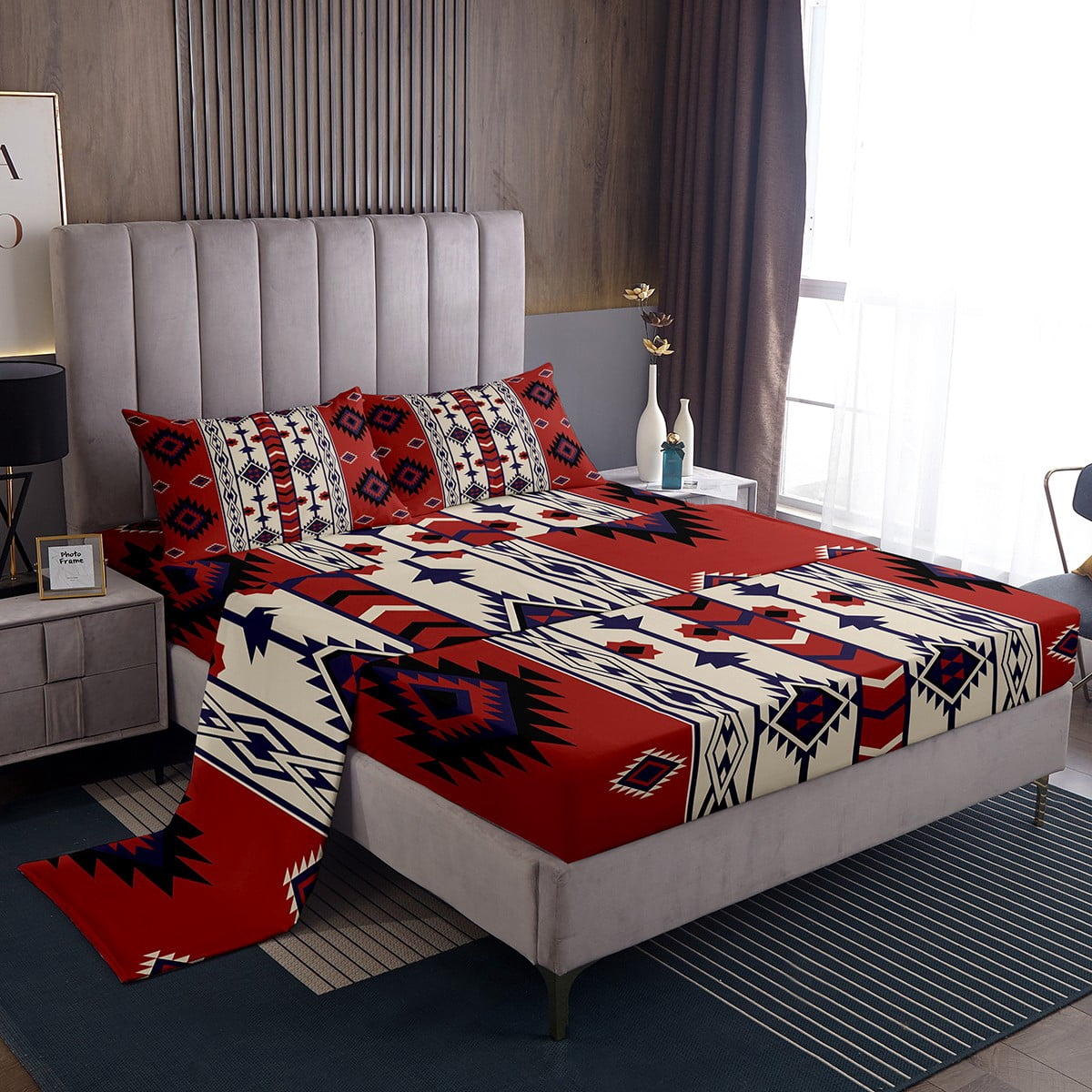 Western Boho Sheet Set Twin Vintage Red Brown Aztec Bedding American ...