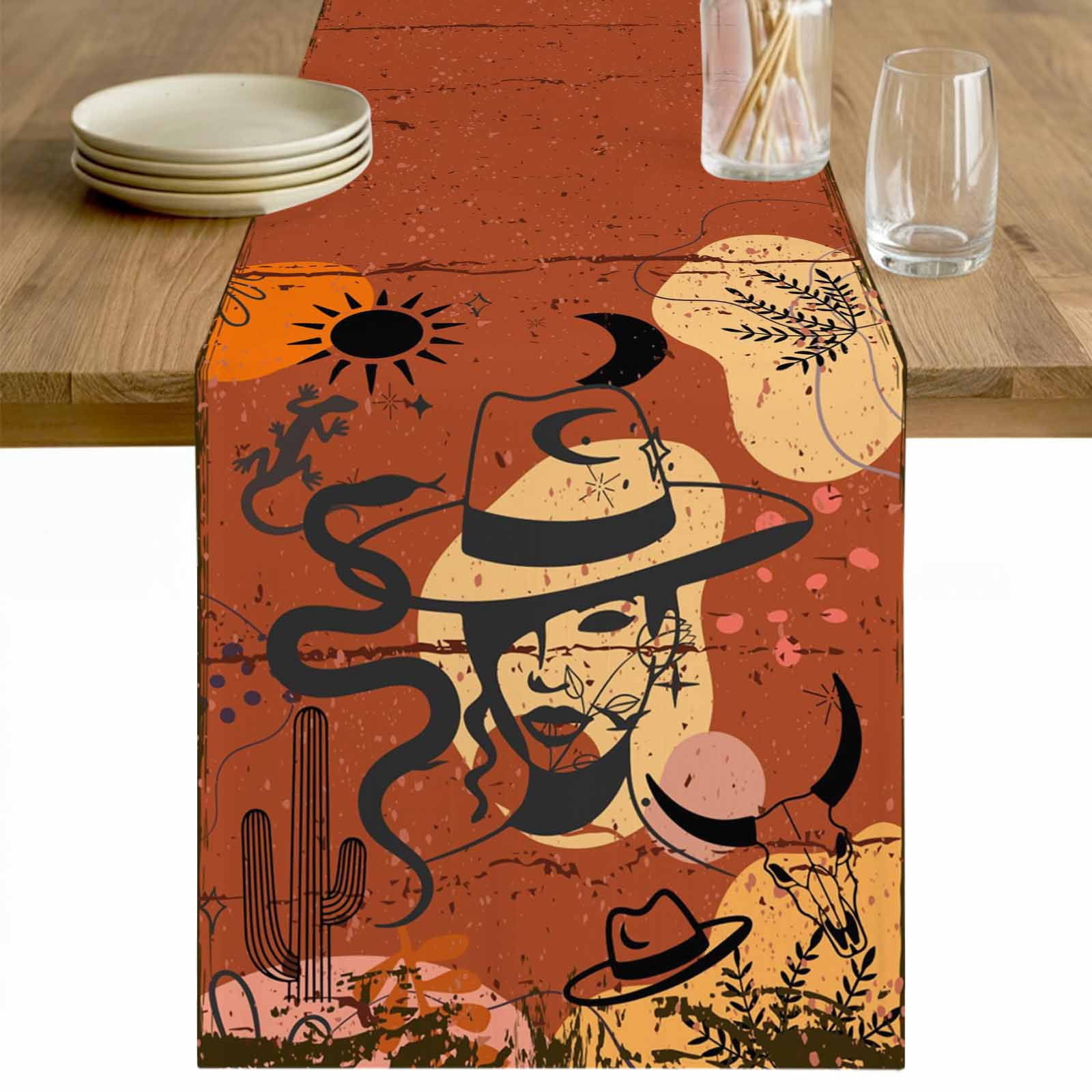 Western Boho Table Runner - 70 Inch Long Vintage Cowboys Abstract ...