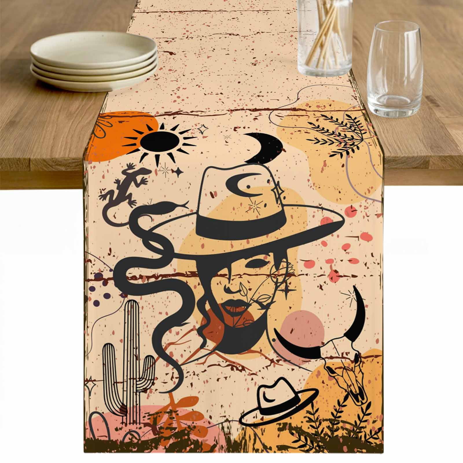Western Boho Table Runner - 90 Inch Long Vintage Cowboys Abstract ...