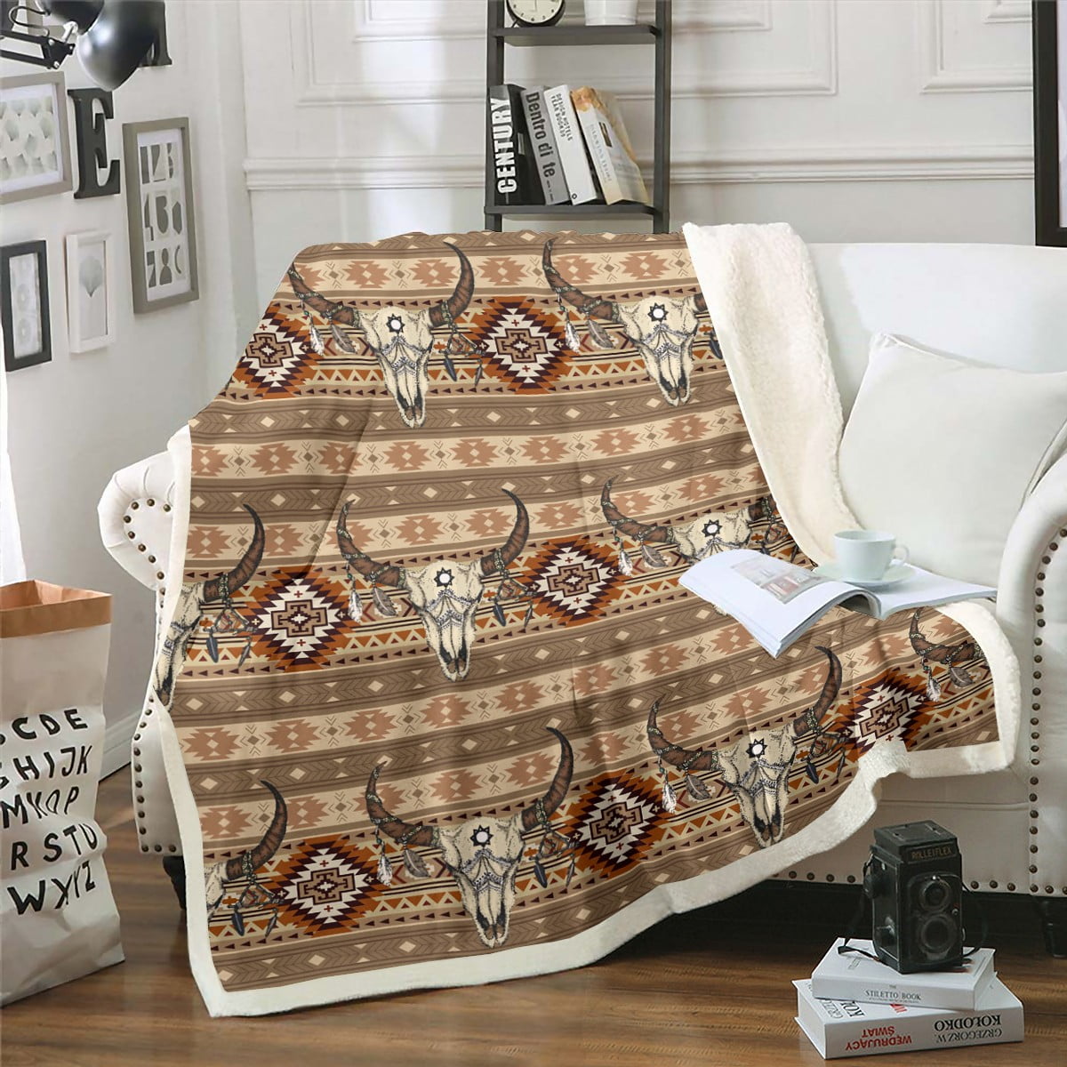 Western Boho Throw Blanket 40"X50" Western Bull Skull Sherpa Blanket ...