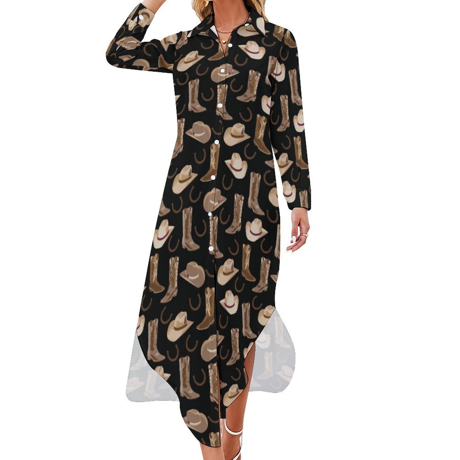 Western Boots and Cowboy Cowgirl Hats on Black Long Sleeved Shirt Dress Dress vintage prom ...