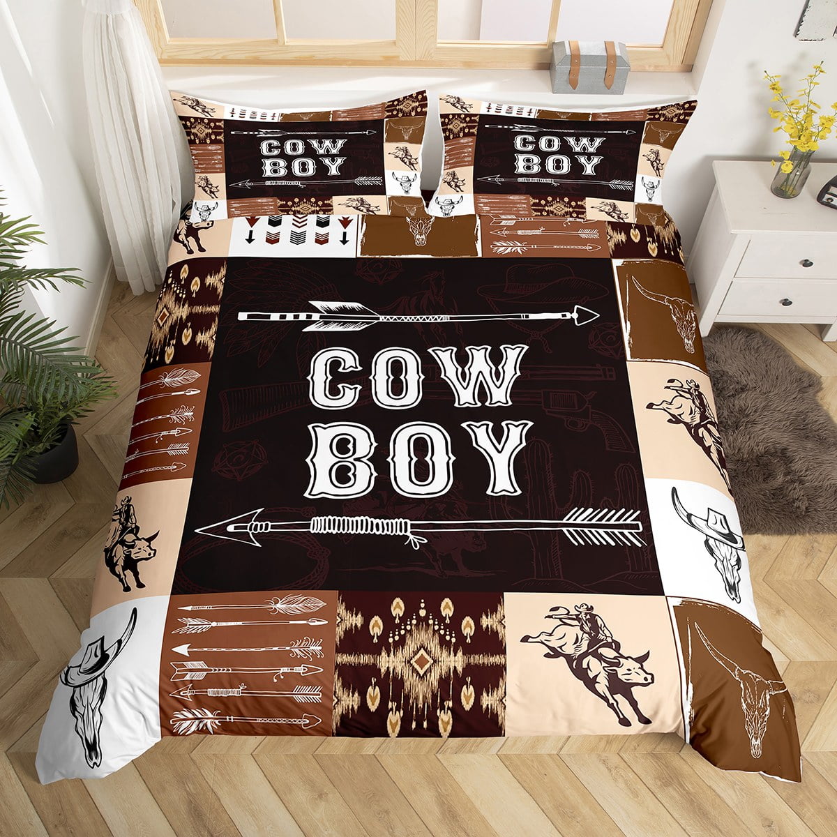 Western Bull Skull Bedding Sets Full Men,Brown Southwestern Boho Aztec ...
