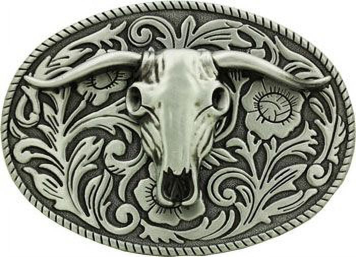 Western Bull Skull Belt Buckle Cowboy Cowgirl Rodeo Floral Design Grey ...