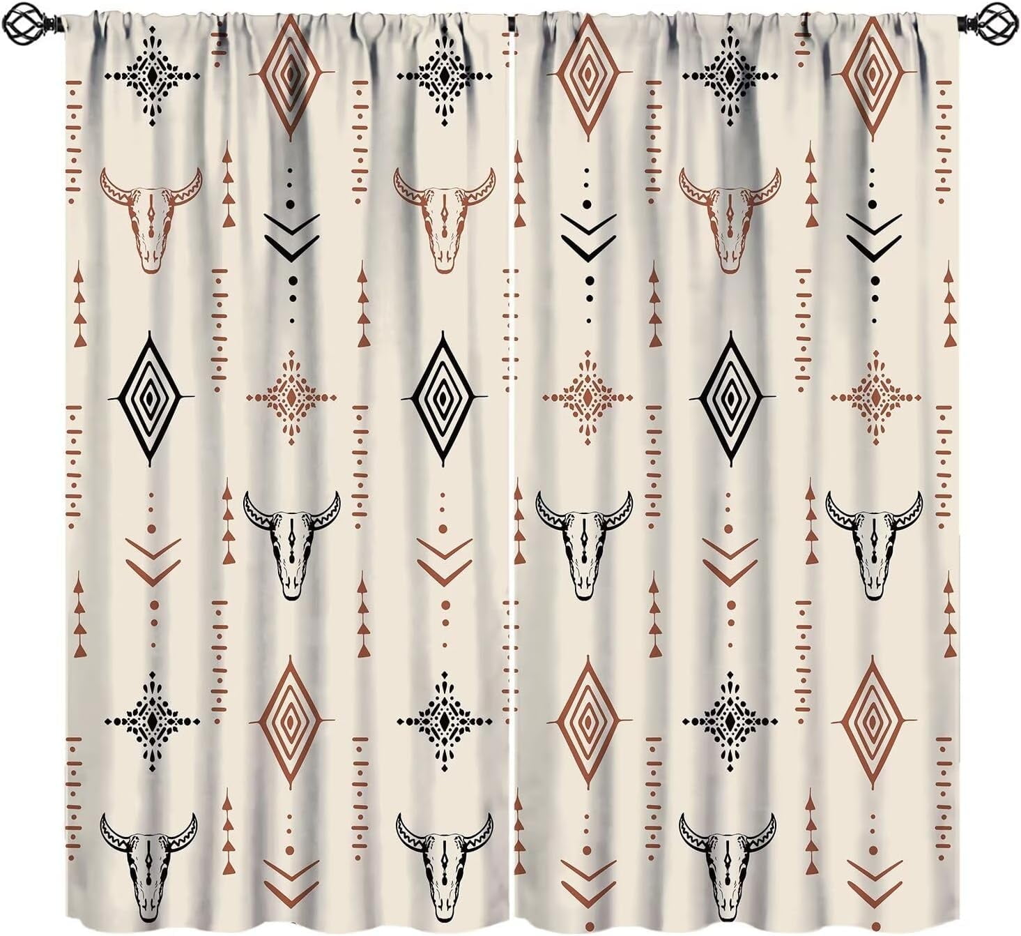 Western Bull Skull Curtains Boho Longhorn Cow Head Retro Aztec Abstract ...