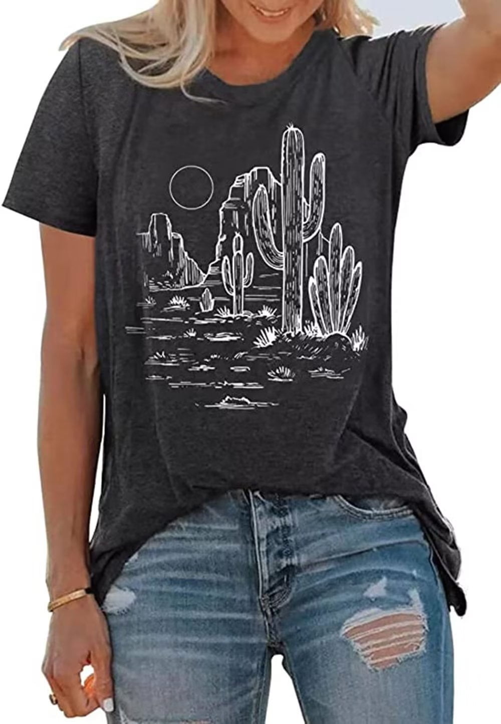 Western Cactus Shirt for Women Sunrise Desert Graphic Tee Tops Hiking Mountain Climbing Funny ...