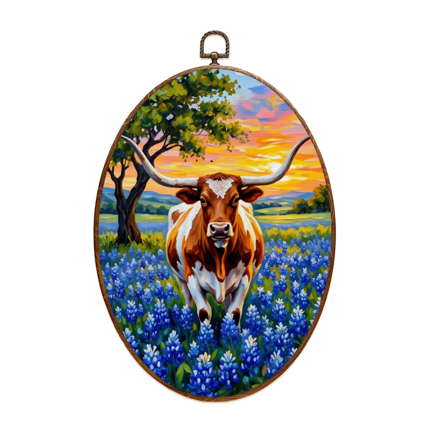 Western Canvas Wall Art Longhorn Cow Bluebonnet Field Sunset Vibrant ...