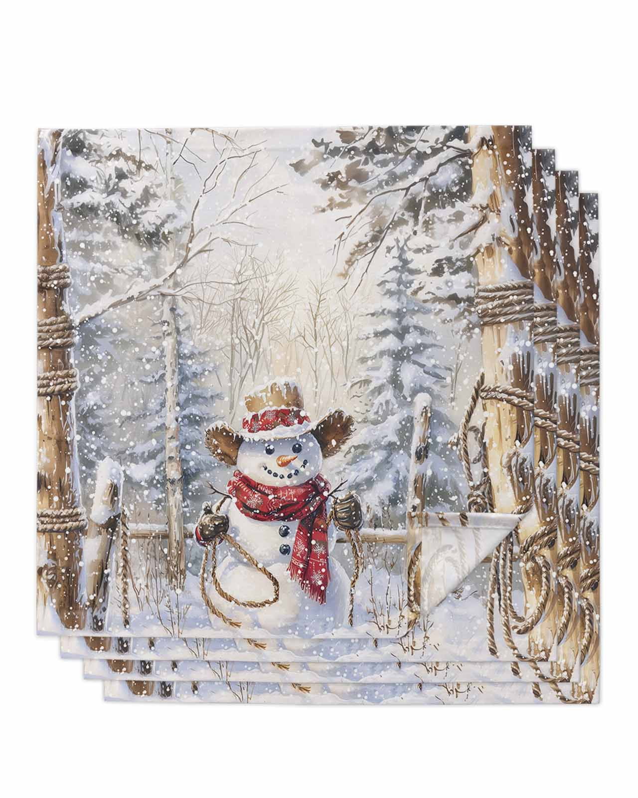 Western Christmas Snowman Cloth Napkins Set of 4, Snowflake Xmas Tree ...