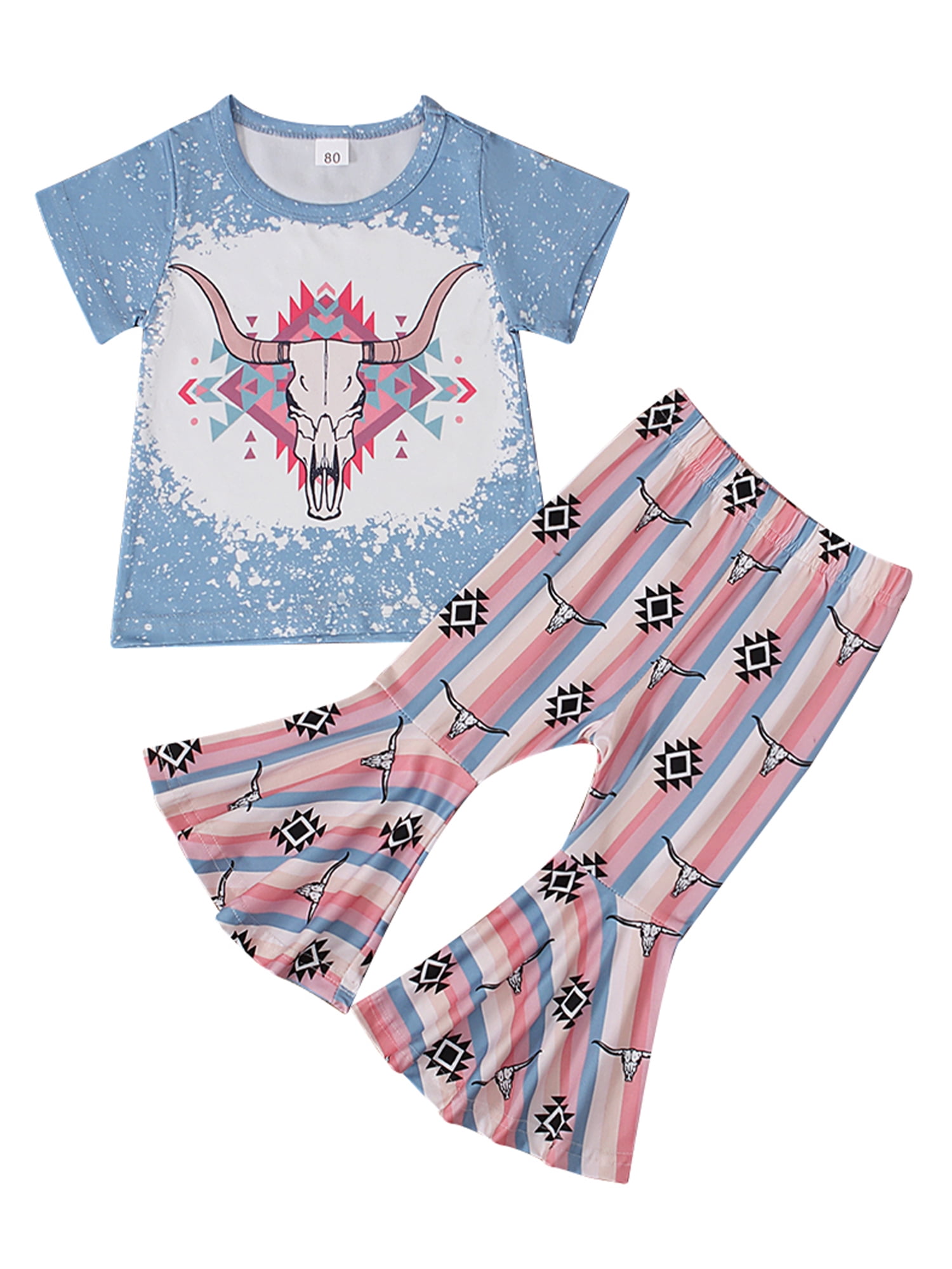 Western Clothes Bell Bottoms Toddler Baby Girl Summer Outfit Cow Print Ruffles Tee Short Sleeve ...