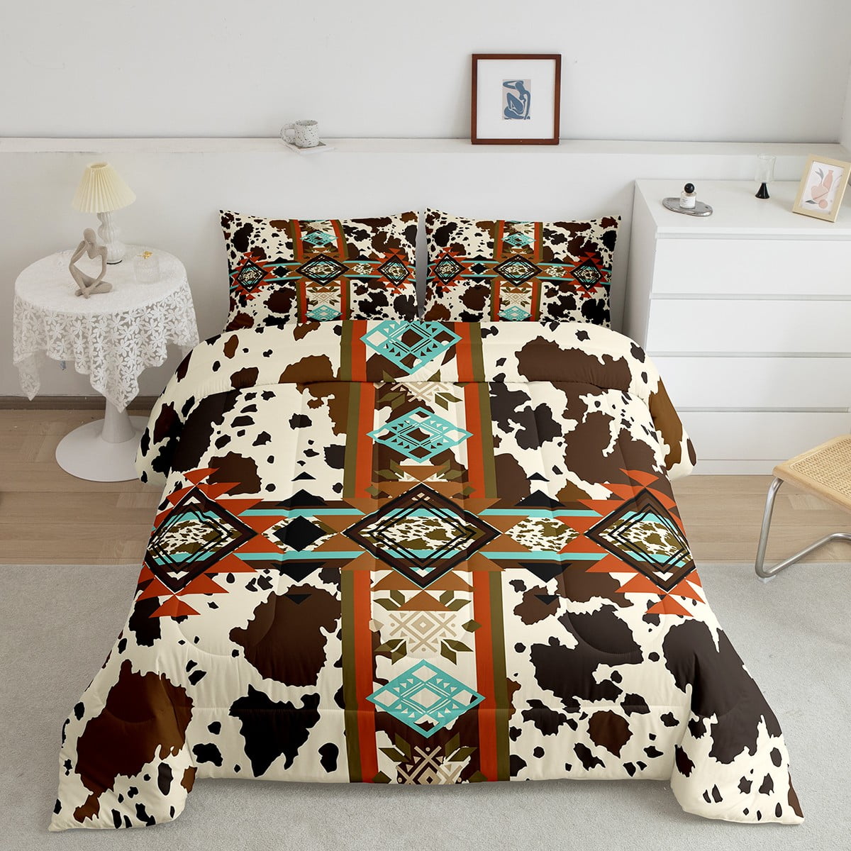 Western Comforter Set Twin,Cowhide Bedding Set Brown Highland Cow Print ...