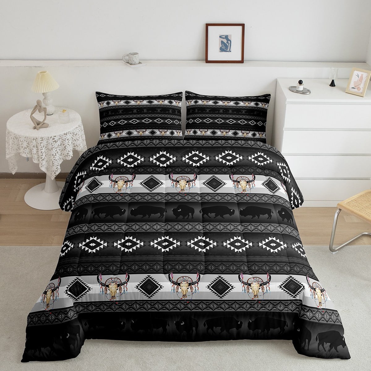 Western Comforter Set Twin,Gothic Bull Skull Bedding Set Ethnic Tribe Arrow Aztec Quilt Highland ...