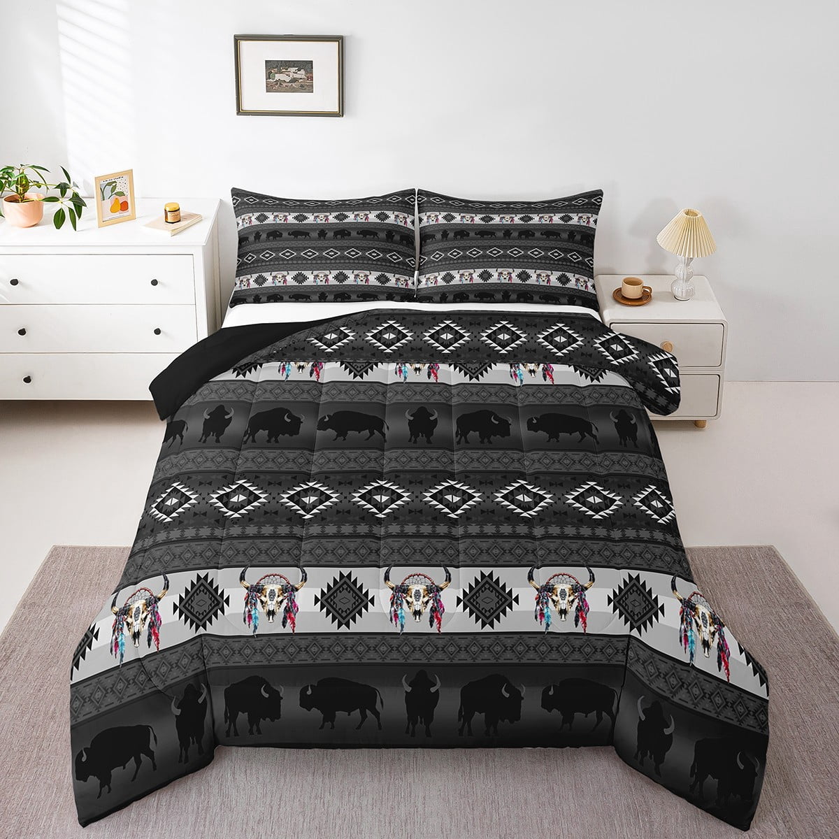 Western Comforter Set Twin,Gothic Bull Skull Bedding Set Ethnic Tribe ...
