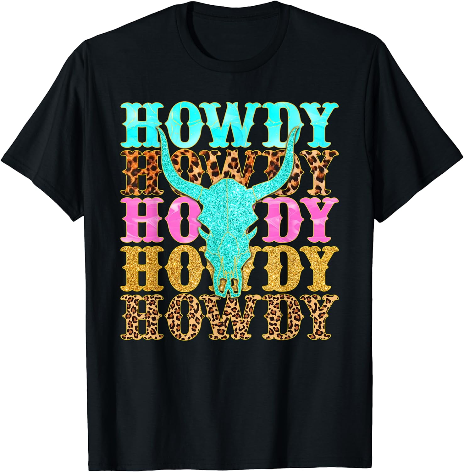 Western Country Leopard Howdy Bull Skull Cowgirl Rodeo T-Shirt Black ...