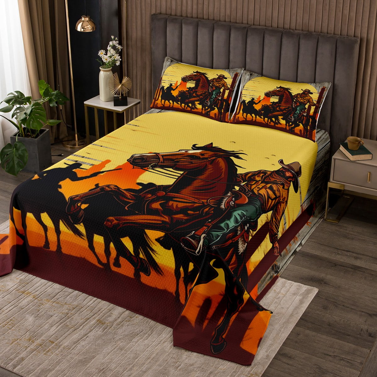 Western Country Style Horse Quilt Coverlet Set Sunset Landscape Super ...