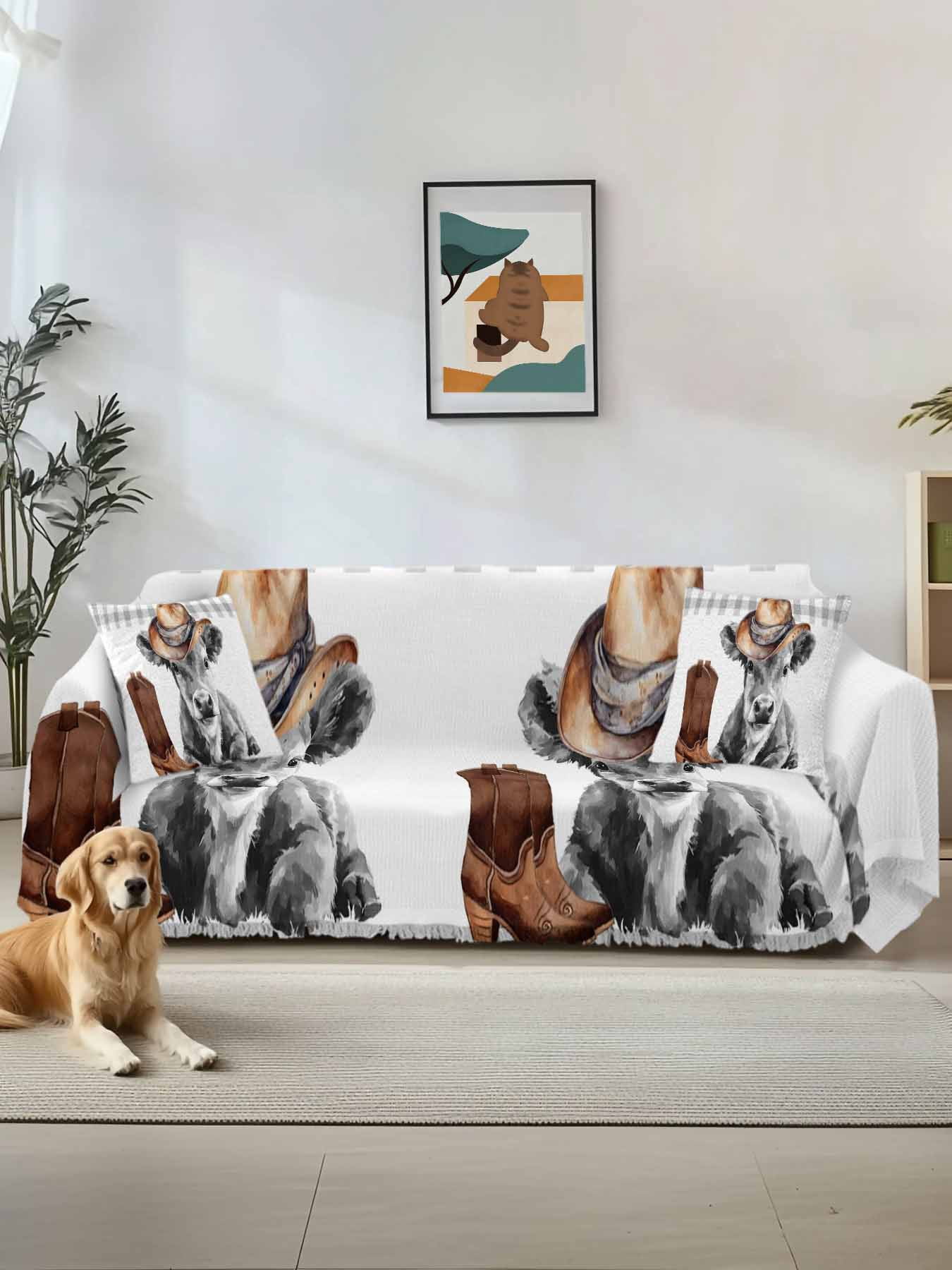 Western Cow Couch Cover for 2 Cushion Couch, Grey Checkered Farmhouse ...