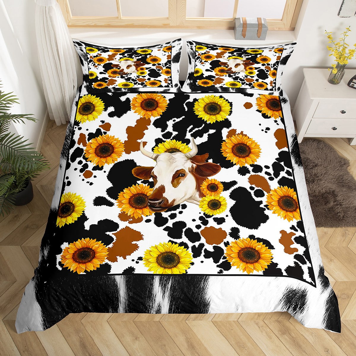 Western Cow Duvet Cover Sunflower Floral Bedding Set Cow Print ...