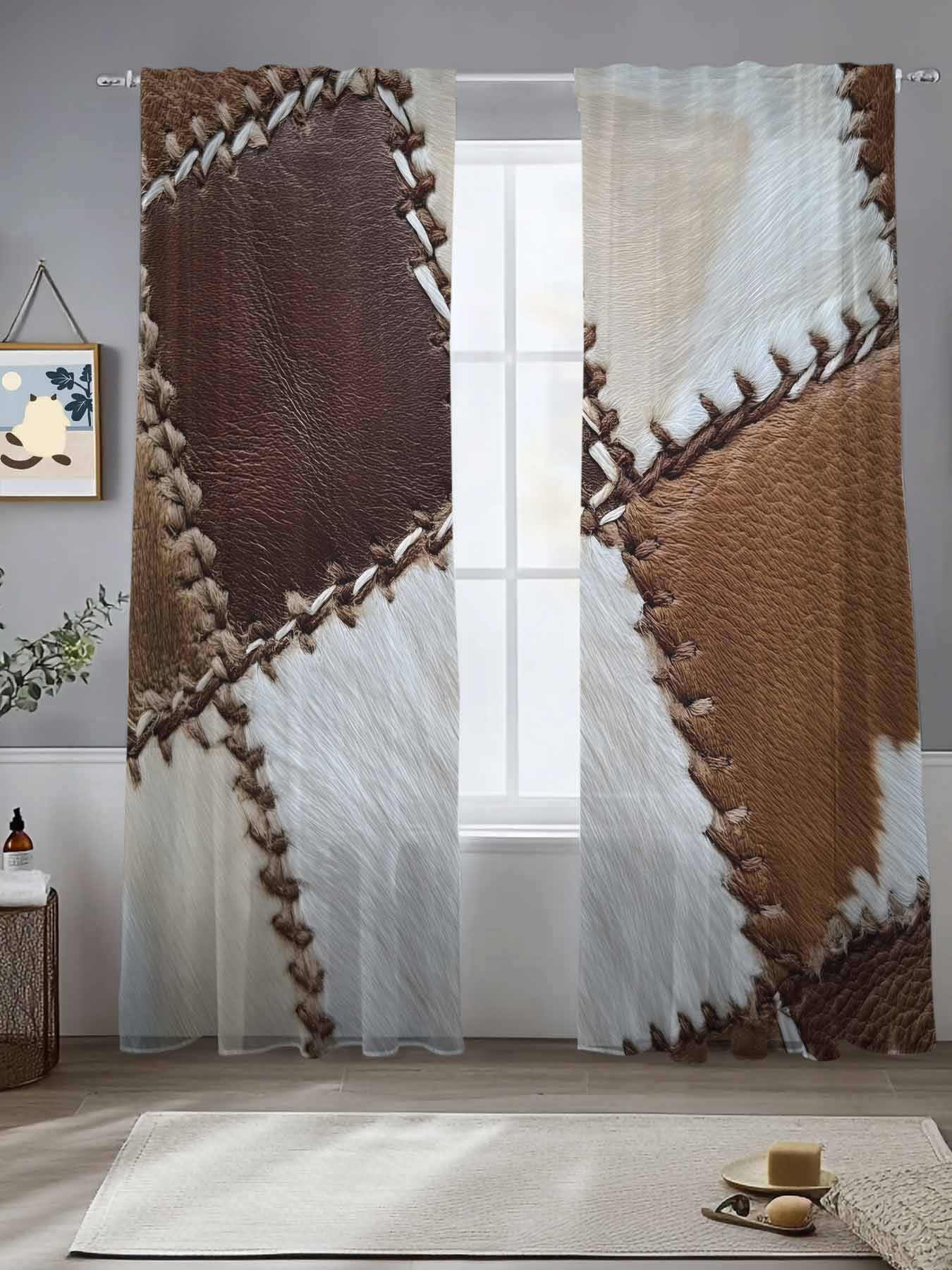Western Cow Print Cowhide Sheer Curtains 108 Inches Long 2 Panels ...