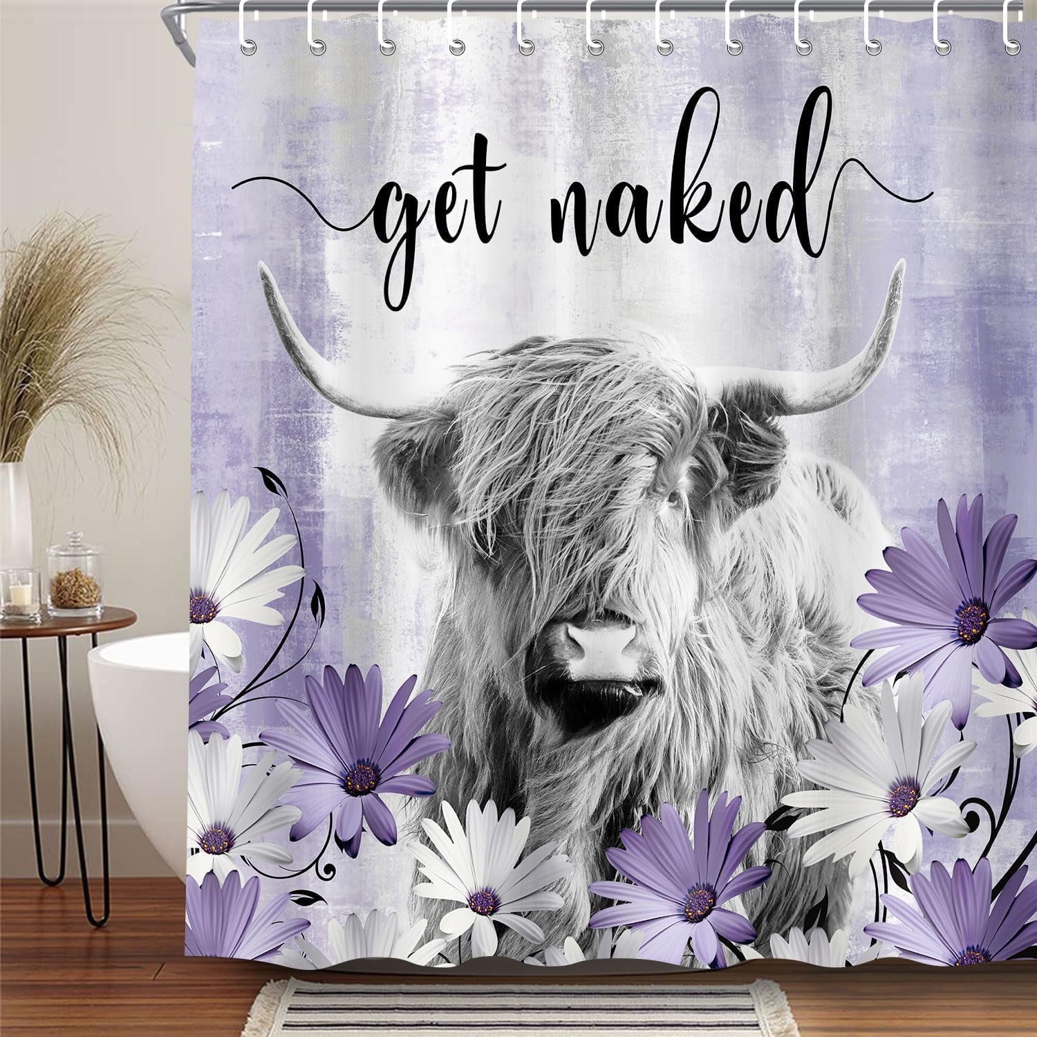 Western Cow Shower Curtain, Purple Daisy Floral Flowers and Butterfly ...