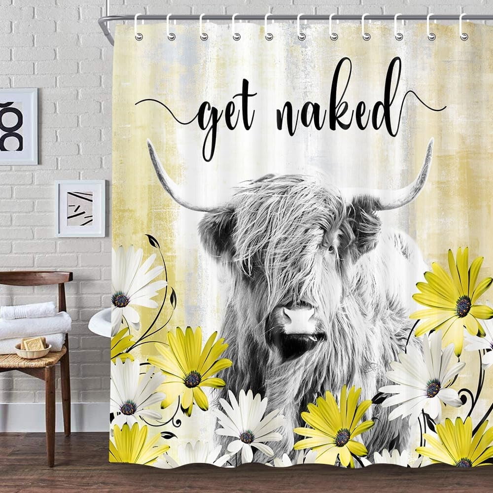 Western Cow Shower Curtain, Yellow Daisy Floral Flowers and Butterfly ...