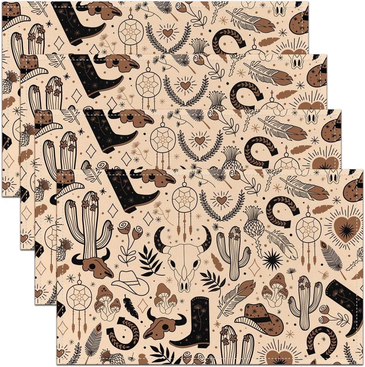 Western Cow Skull Table Mats for Kids Adults,Tropical Ethnic Cactus ...