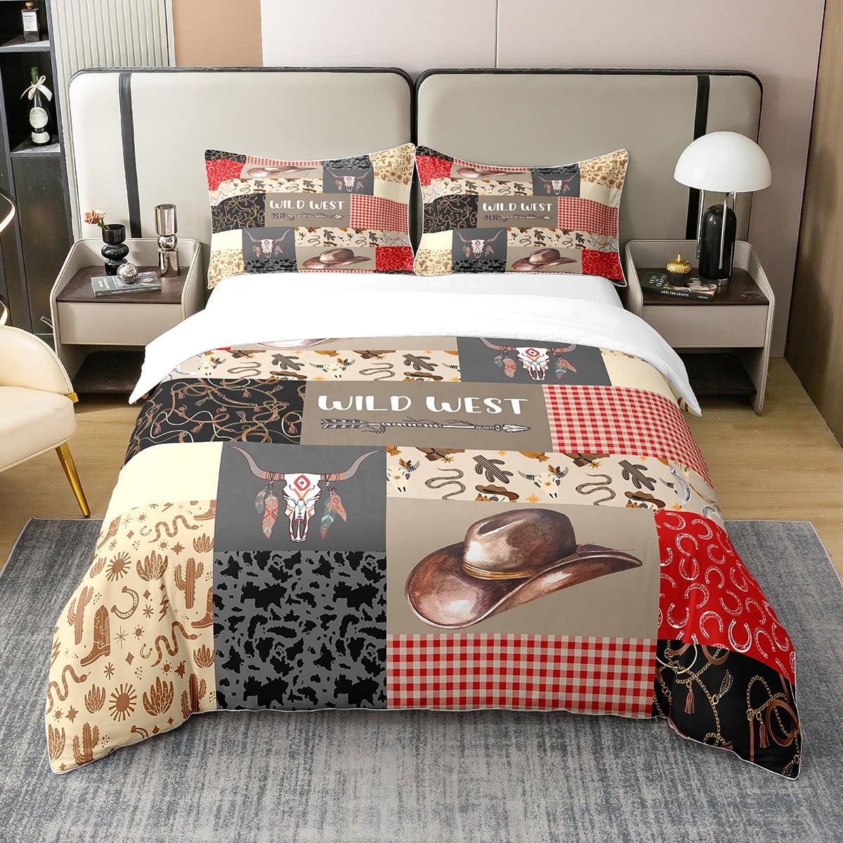 Western Cowboy 100% Cotton Duvet Cover Queen Size, Rustic Antlers Deer ...