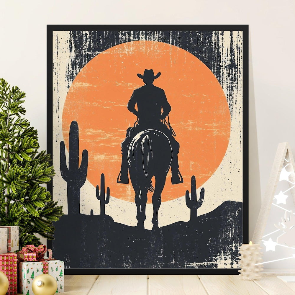 Western Cowboy Art Print, Desert Cowboy Wall Decor, Southwest Sun ...