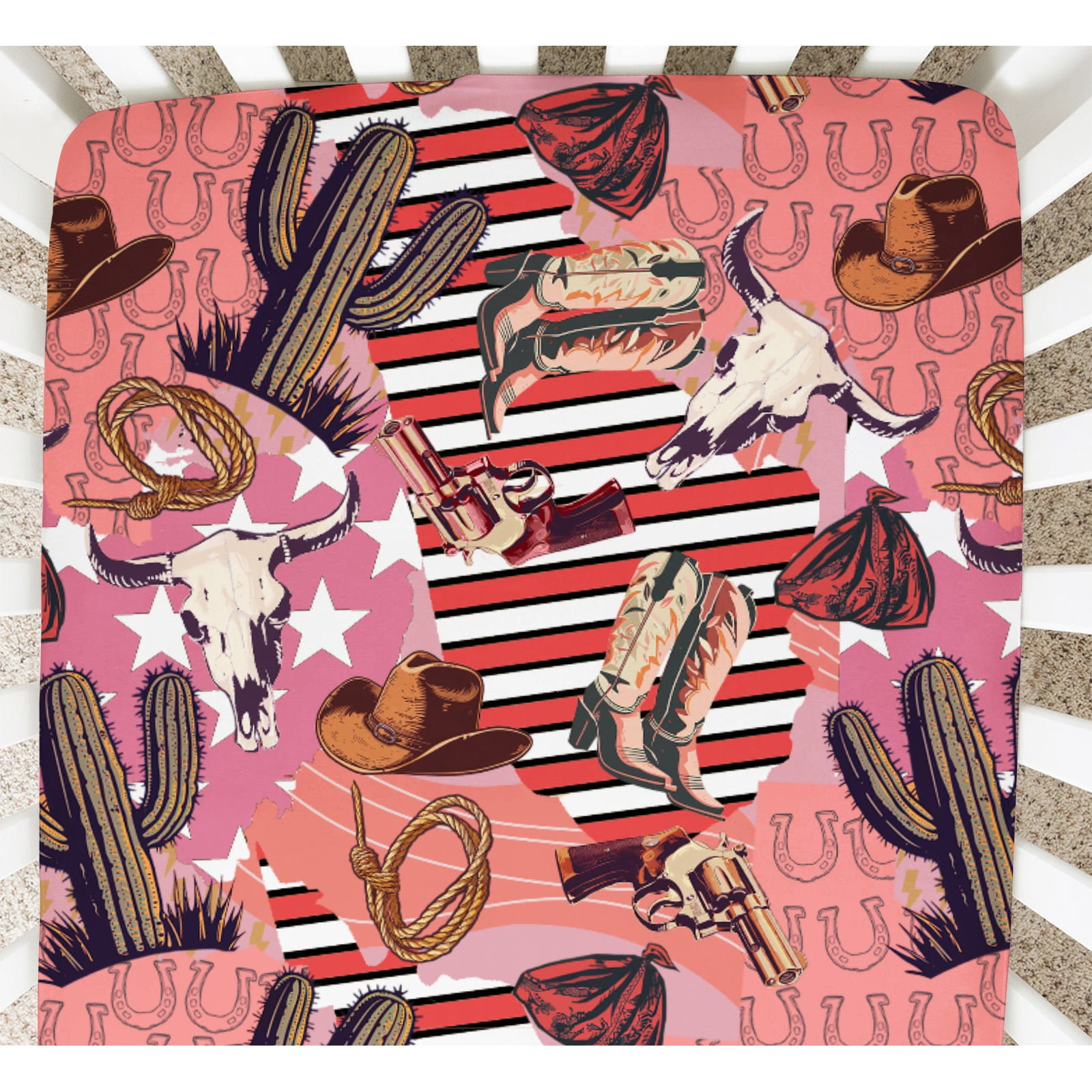 Western Cowboy Baby Fitted Crib Sheet for Girl Cowboys Boot Hat Goat ...