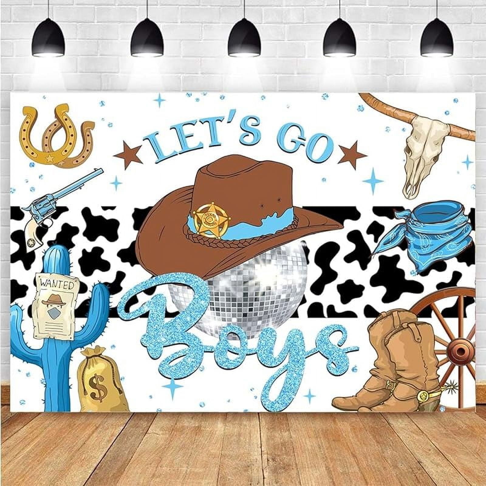 Western Cowboy Backdrop Blue Disco Let's Go Birthday Boy Wild West Cow ...