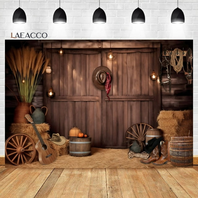 Western Cowboy Backdrop Vintage Farmhouse Wood Barn Door Field Wheels ...