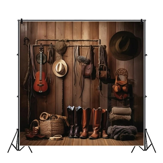 Western Cowboy Backdrop Western Rustic Log Cabin Door Barn Guitar Baby ...