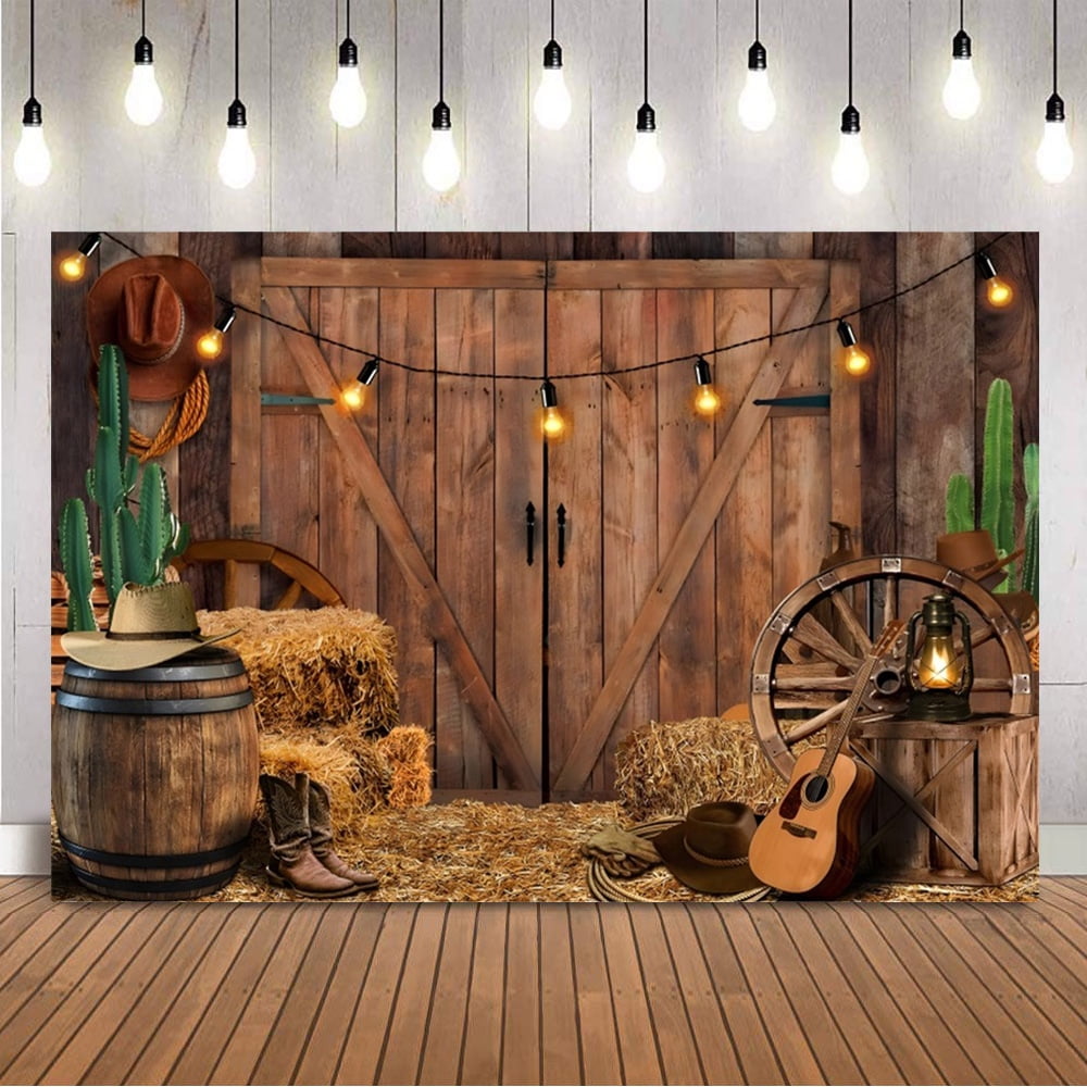Western Cowboy Background Fabric Themed Party ration Retro Farm Wooden ...