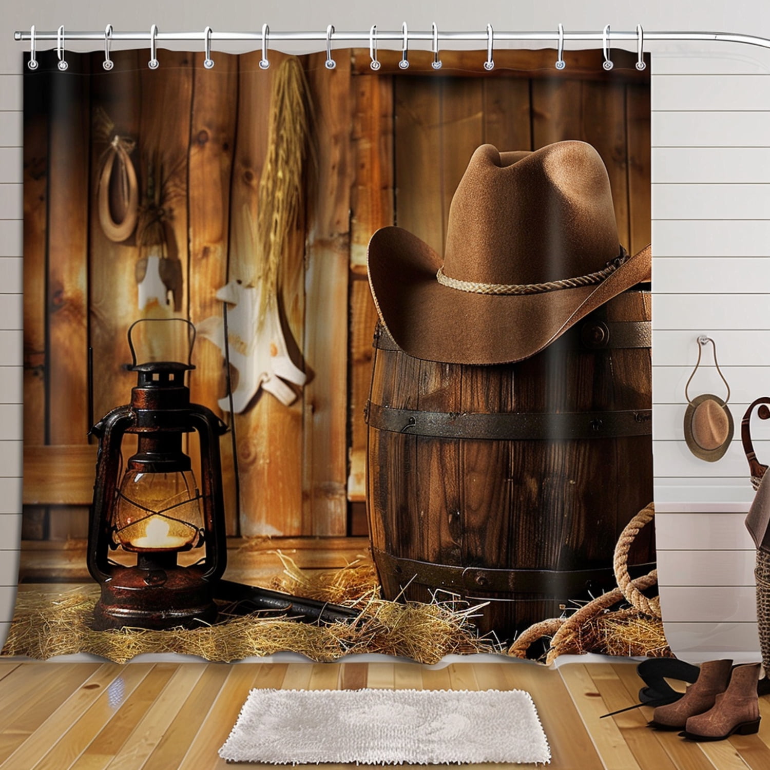 Western Cowboy Bathroom Decor Set with Hat Gun Lantern Lasso and Hay on ...